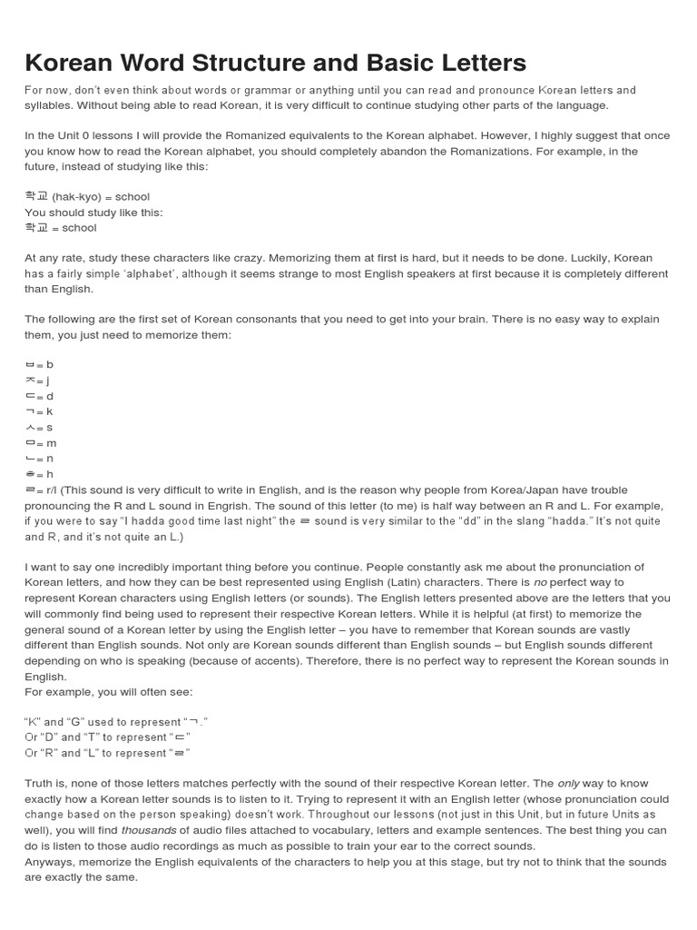 Basic 1 - Korean Word Structure and Basic Letters | PDF | Korean ...