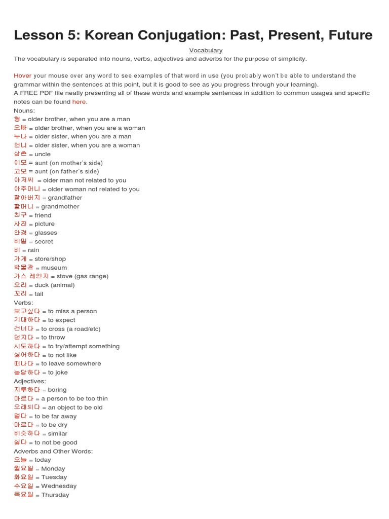 Lesson 5 - Korean Conjugation - Past, Present, Future | PDF | Grammatical Tense | Grammatical ...