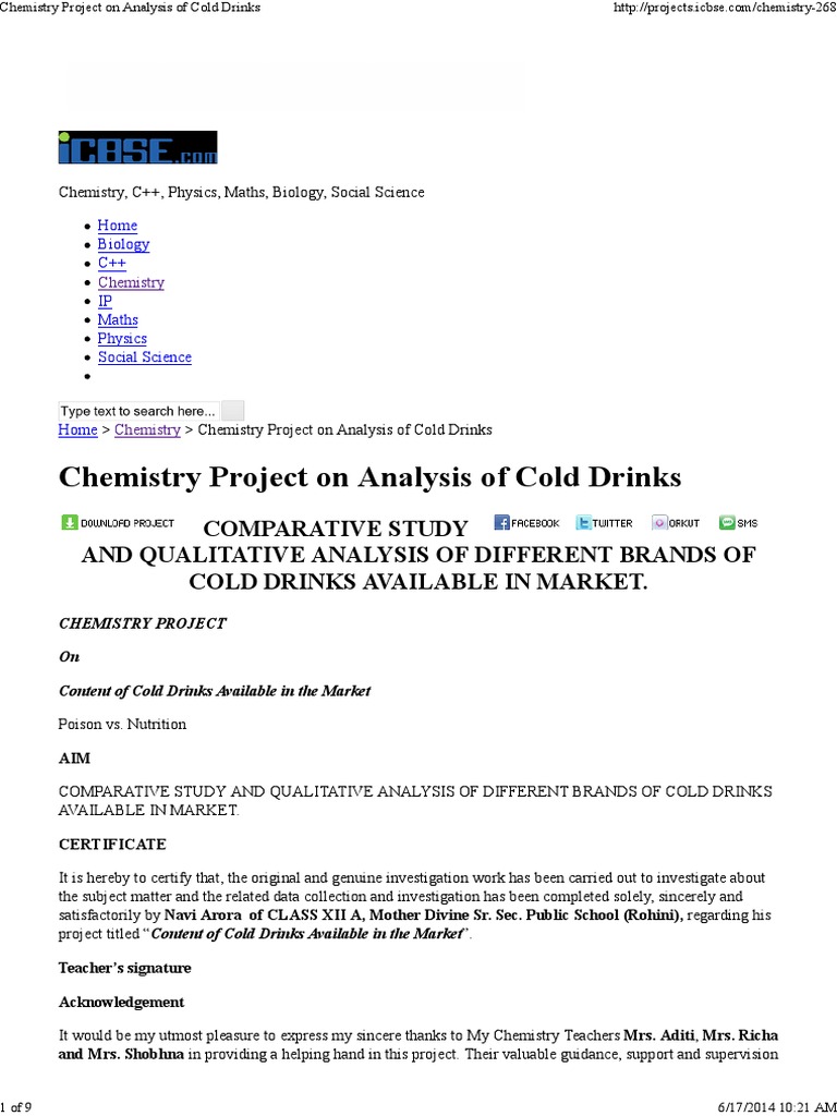 Chemistry Project on Analysis of Cold Drinks | Sucrose | Carbohydrates