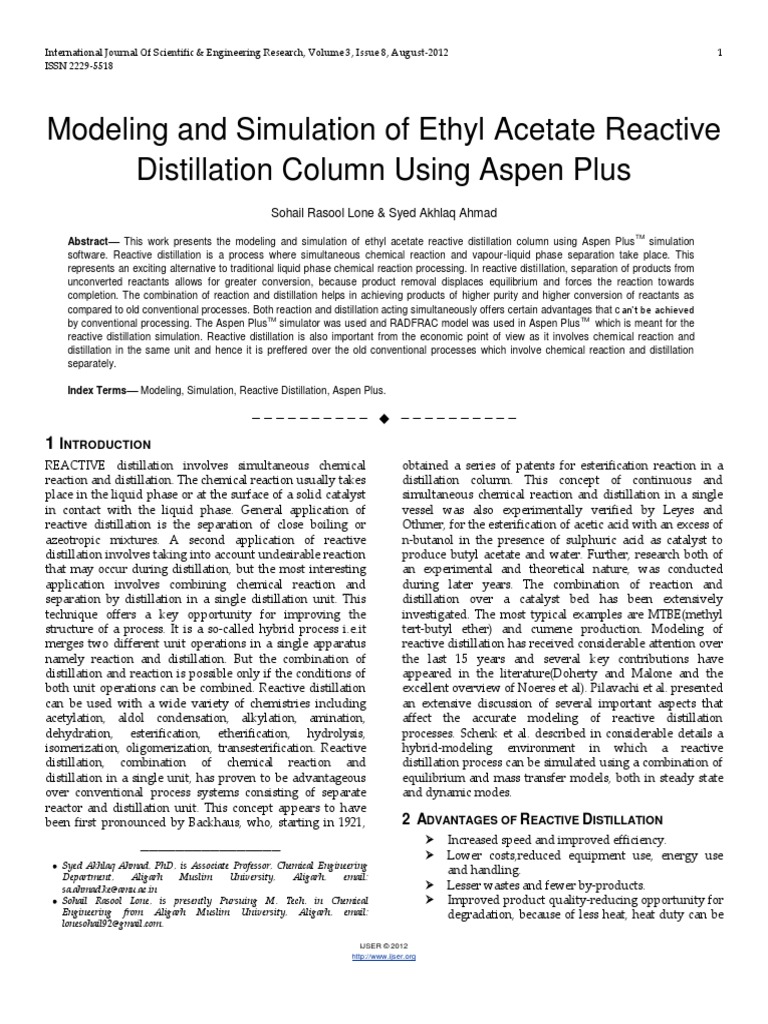 Modeling and Simulation of Ethyl Acetate Reactive Distillation Column ...