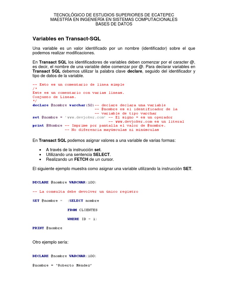 4 - Variables, Flujos de Control y Transacciones | PDF | SQL | Servidor ...