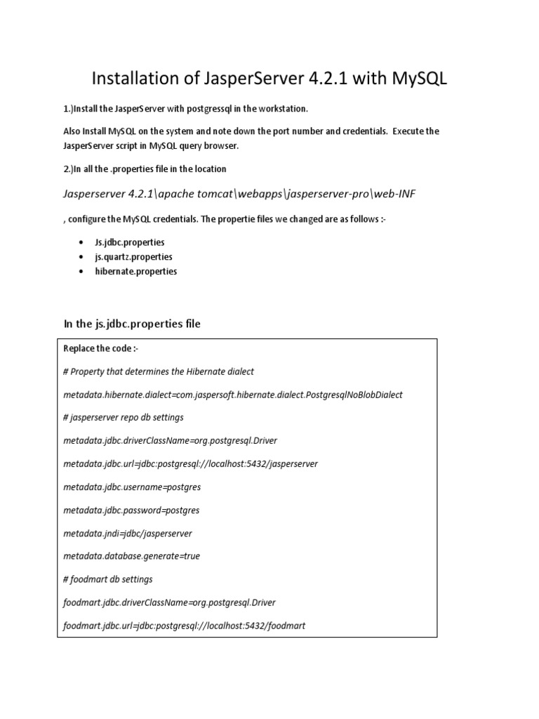 Installation of JasperServer 4.2.1 With MySQL | PDF | Postgre Sql ...