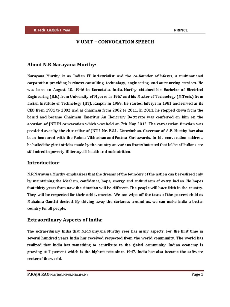 V Unit - Convocation Speech: B.Tech English I Year | PDF | Further ...