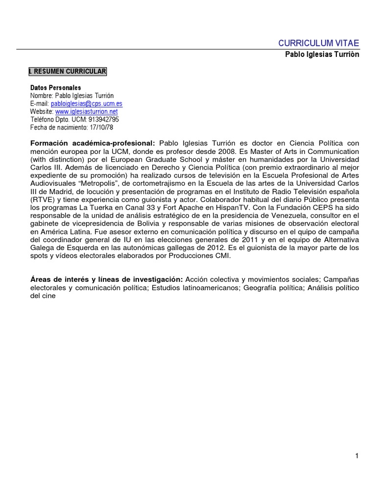 Curriculum Pablo Iglesias | PDF | Academia | Política (general)