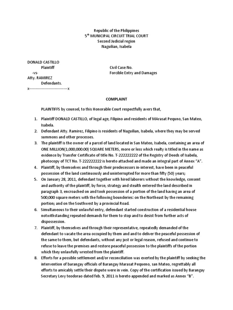 Complaint On Forcible Entry | PDF | Lawsuit | Complaint