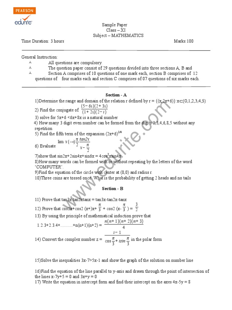 Class 11 Cbse Maths Sample Paper Model 2 | PDF | Equations | Cartesian ...