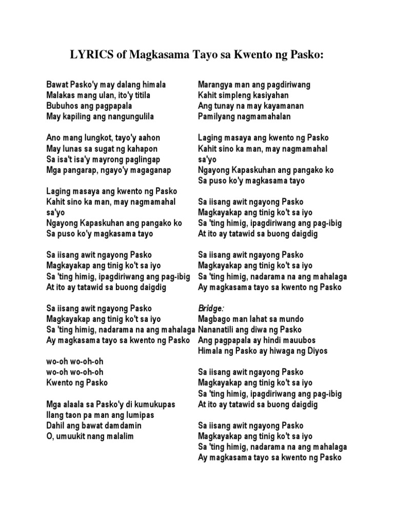 LYRICS of Magkasama Tayo Sa Kwento NG Pasko | PDF