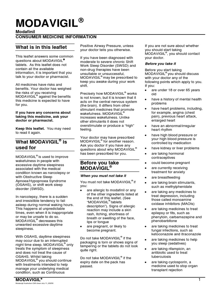 Modafinil Factsheet (Composite) | PDF | Cardiac Arrhythmia | Mania