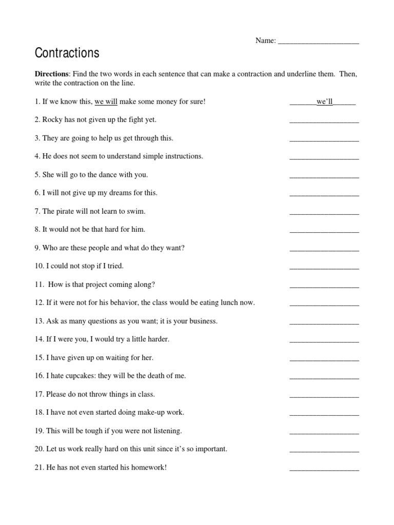 Contractions Worksheet | PDF