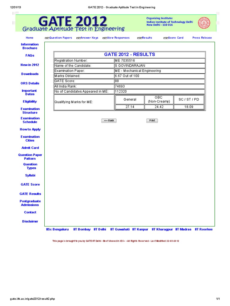 GATE 2012 Results Overview | PDF