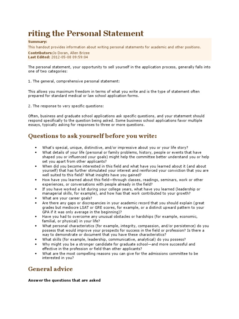 Riting The Personal Statement: Questions To Ask Yourself Before You ...