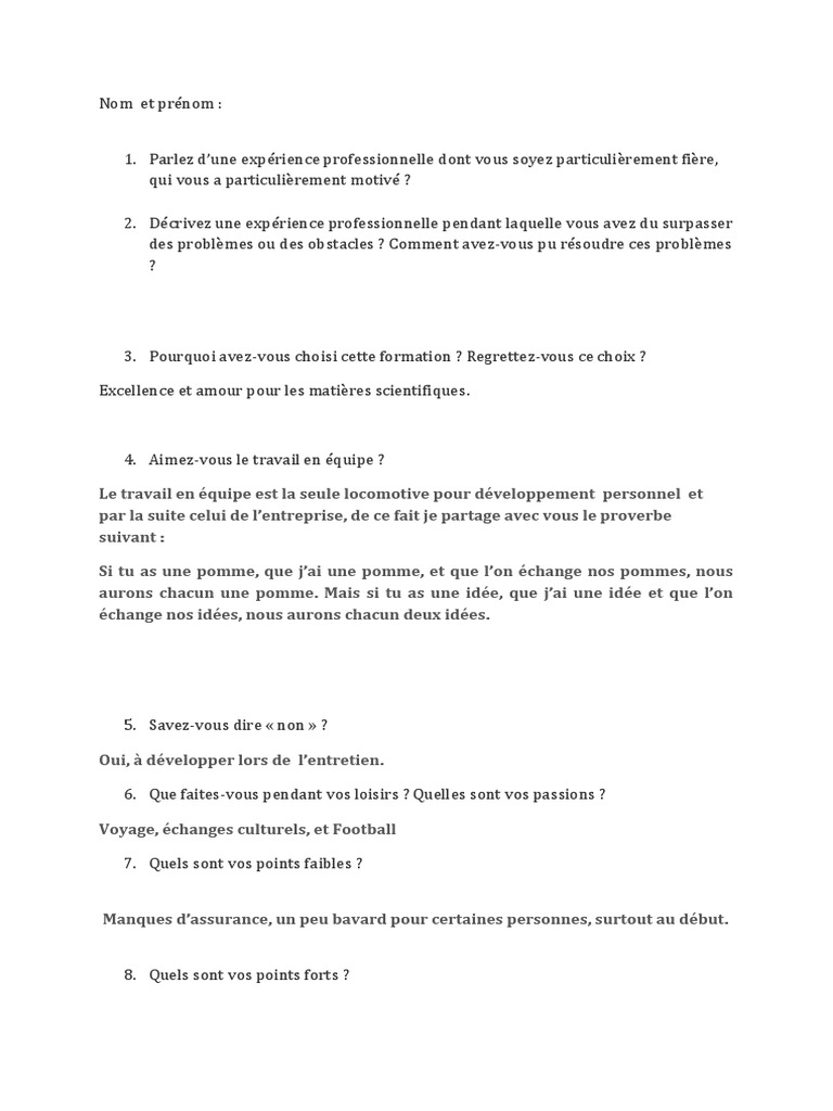 Questionnaire d'entretien d'embauche | PDF | Évolution de carrière ...