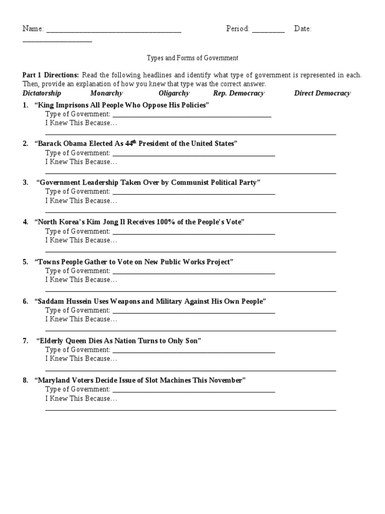 Types Of Governments Worksheet