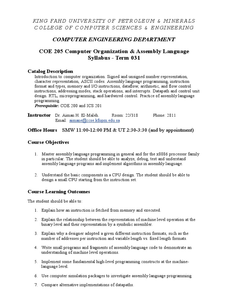 COE 205 Assembly Language Syllabus | PDF | Teaching Methods & Materials | Technology & Engineering