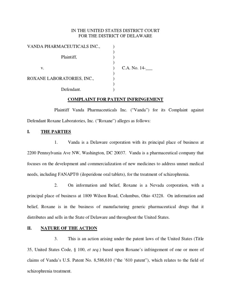 Vanda Pharmaceuticals v. Roxane Laboratories | PDF | Generic Drug ...