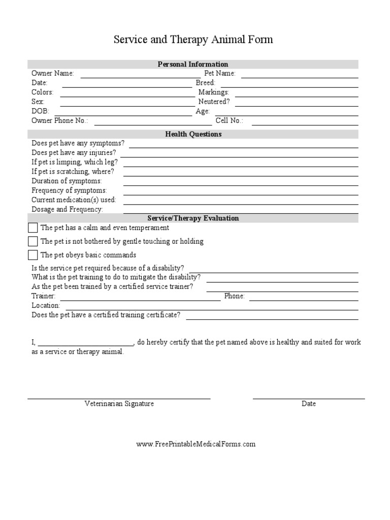 Veterinary Service Animal Form | PDF | Self-Improvement | Wellness