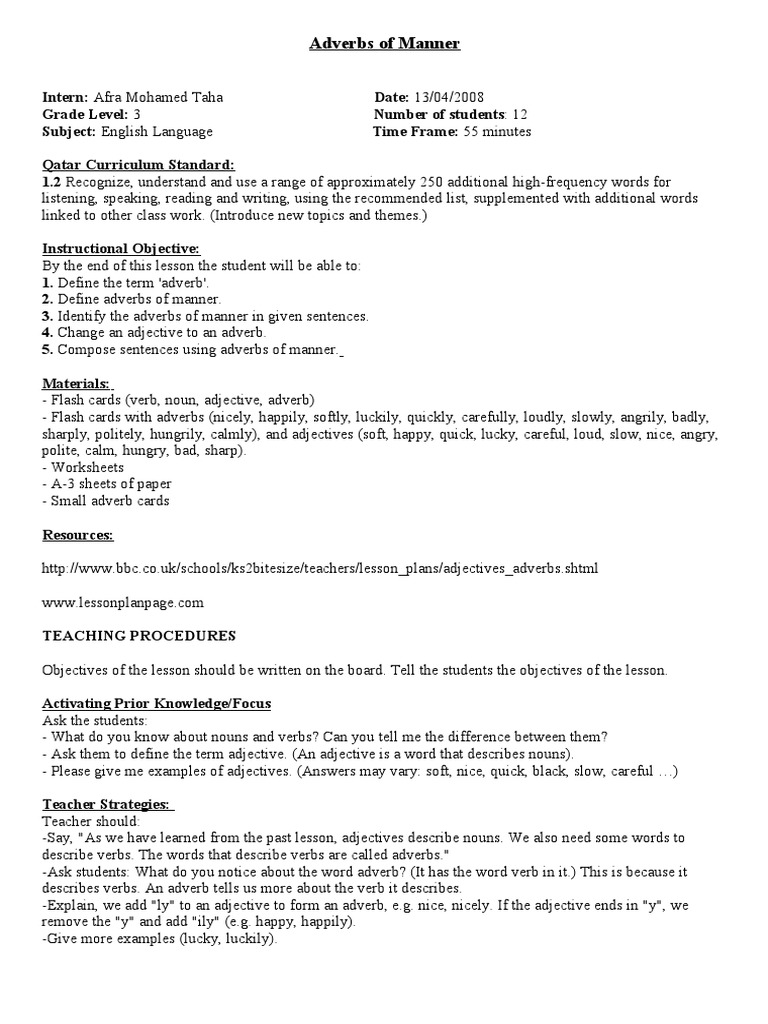 Adverbs of Manner Lesson Plan | PDF | Linguistics | Languages