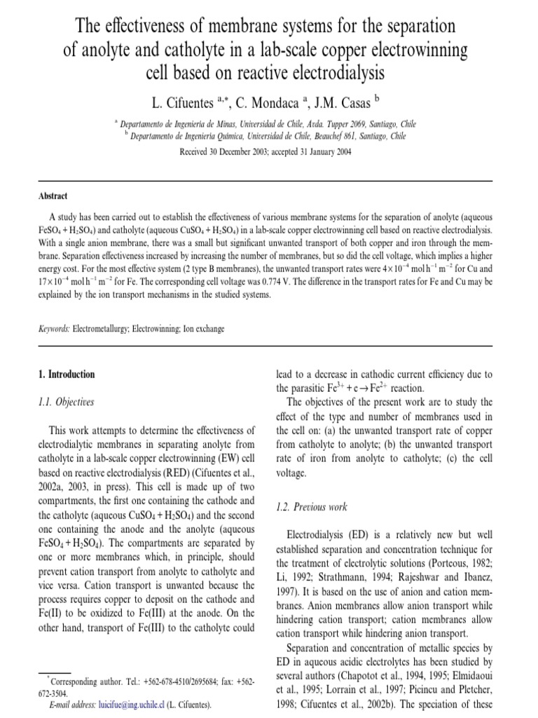 The Effectiveness of Membrane Systems For The Separation of Anolyte and ...