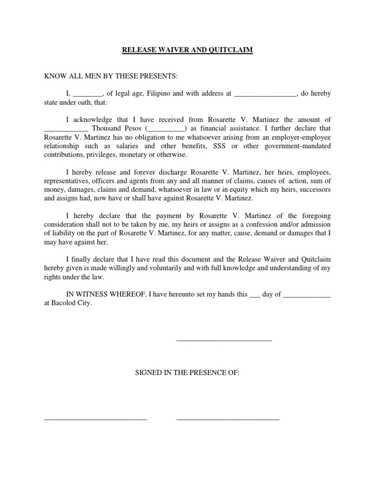 Release Waiver and Quitclaim Sample | PDF | Waiver | Civil Law (Common Law)