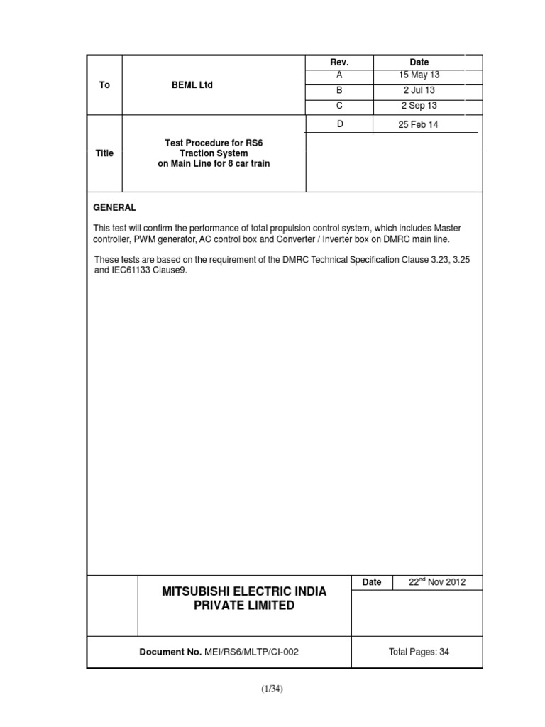 DMRC Rs6 Ci Main Line Test Procedure 8 Car Meirs6mltpci-002 | PDF ...