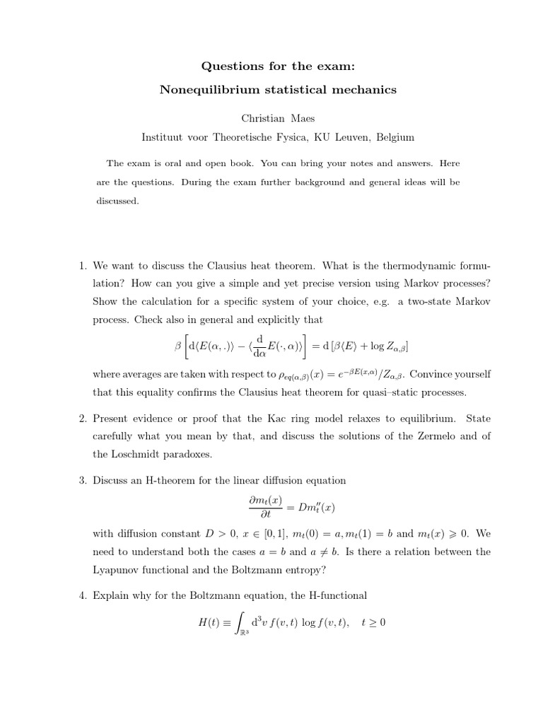 Possible Questions Exam Non-Equilibrium Statistical Mechanics | PDF ...