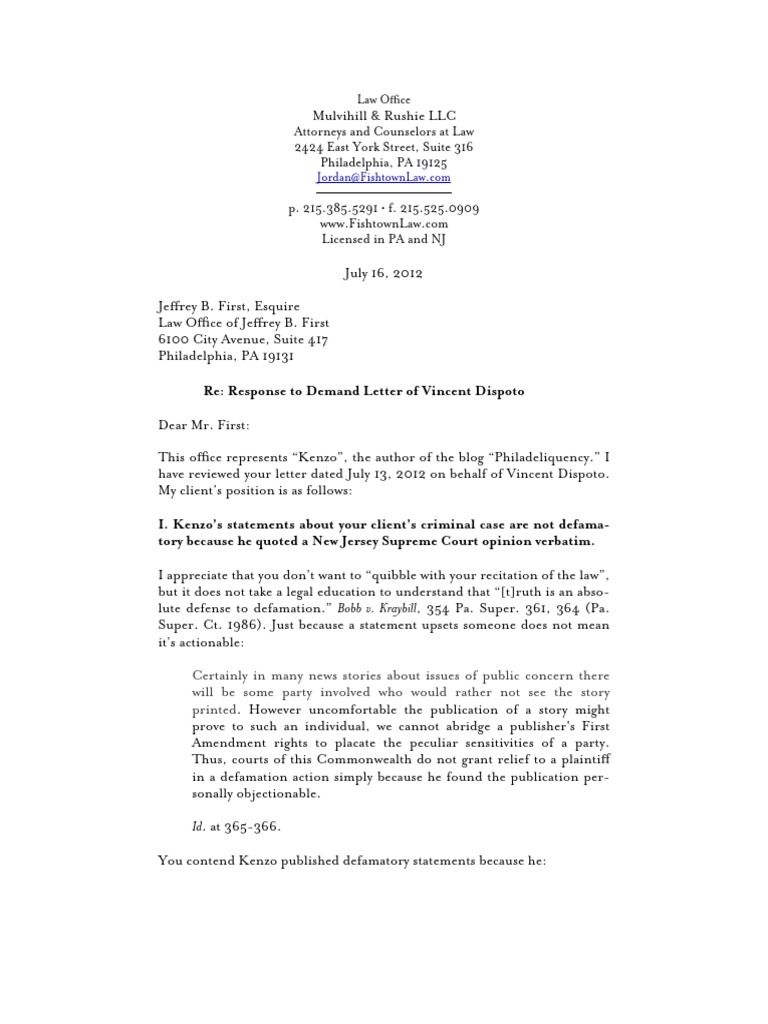 Re: Response To Demand Letter of Vincent Dispoto | PDF | Defamation ...