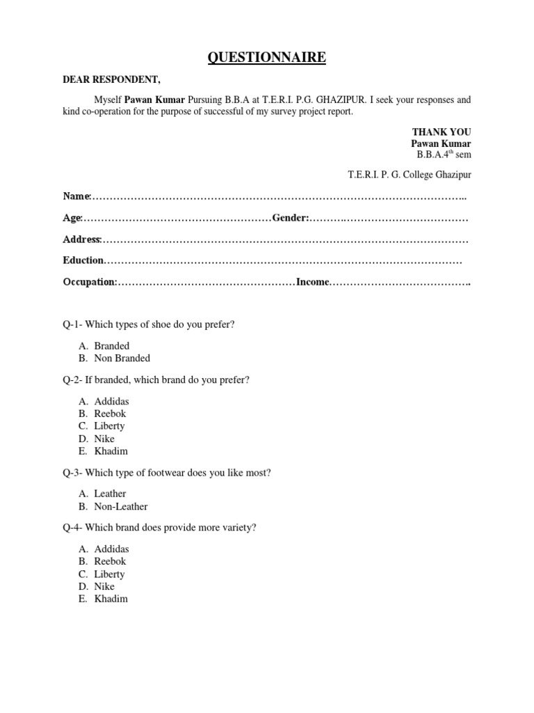 Shoe Questionnaire | PDF | Shoe | Adidas