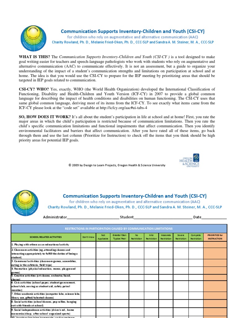 Communication Supports Inventory-Children and Youth (CSI-CY) | PDF ...