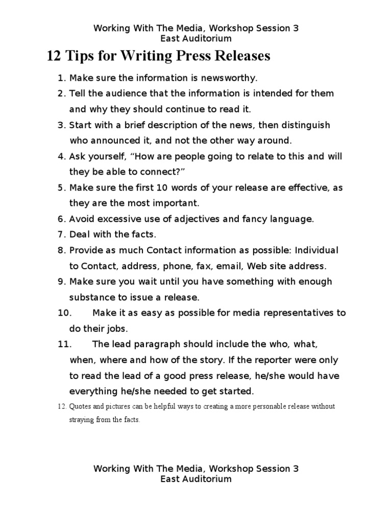 Tips For Press Releases Handout | PDF | Press Release | Mass Media