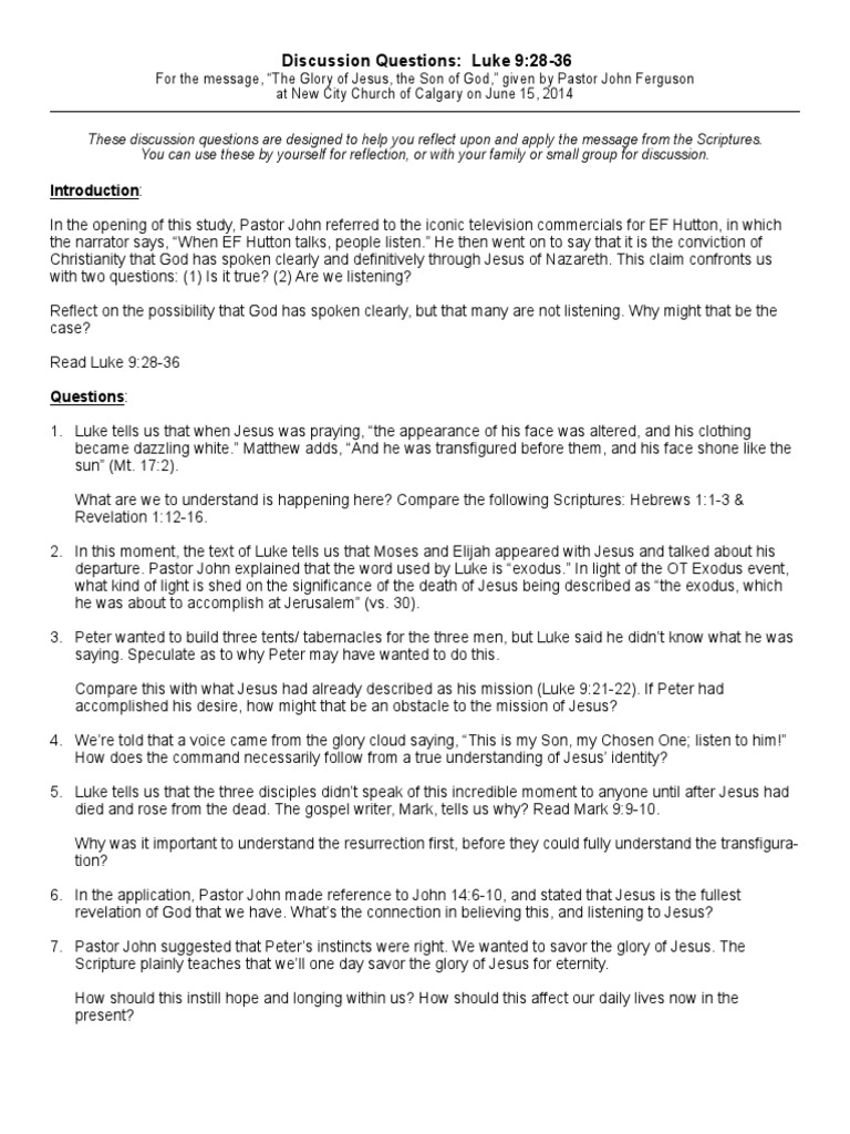 Reflection Questions: "The Glory of Jesus, The Son of God" (Luke 9:28 ...