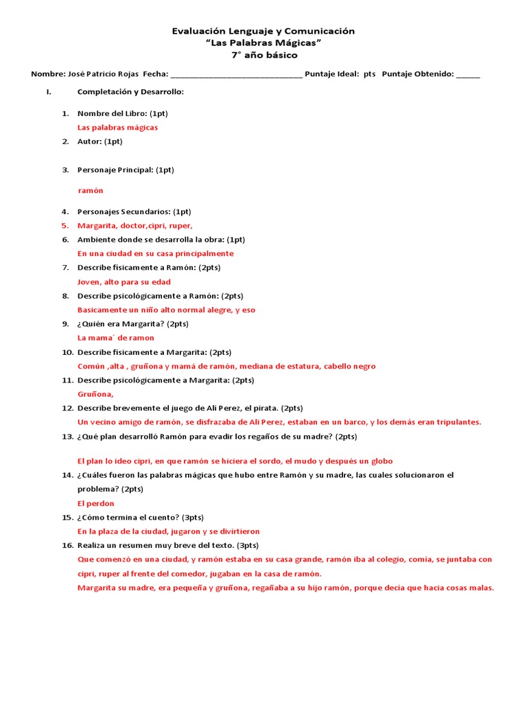Evaluación Las Palabras Mágicas | PDF