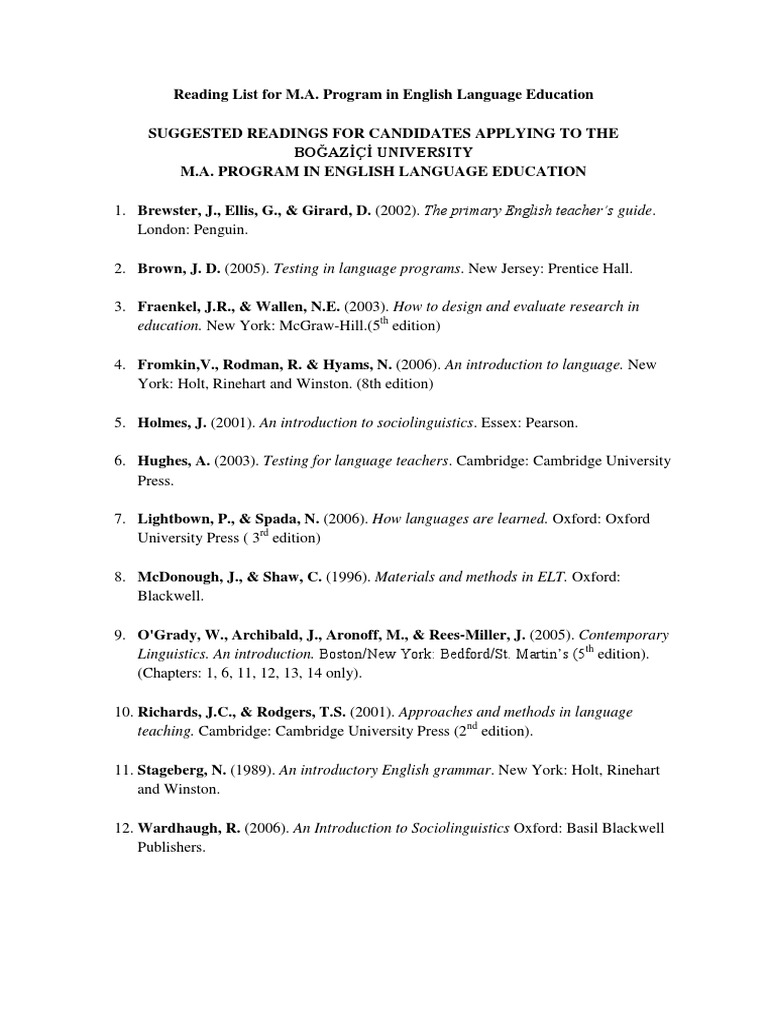 M.A. English Language Education Reading List | PDF