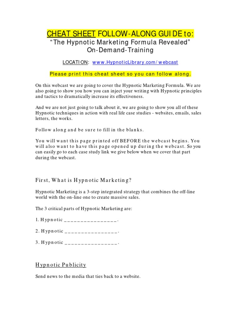 Cheat Sheet Follow-Along Guide To:: "The Hypnotic Marketing Formula ...