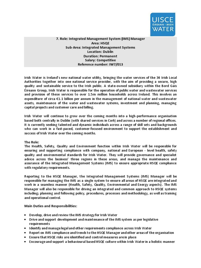 IMS Manager Role at Irish Water | PDF | Business | Wellness