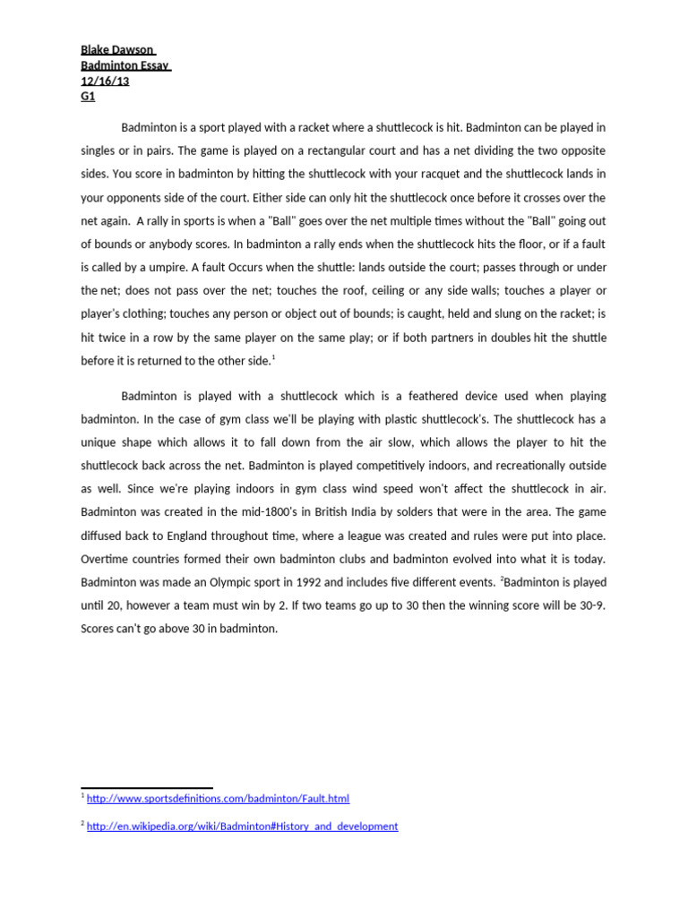 Paragraph about badminton store