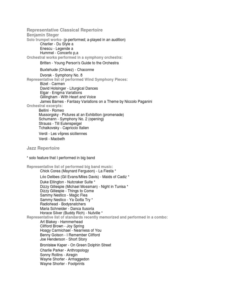 College Repertoire List Example | PDF | Art