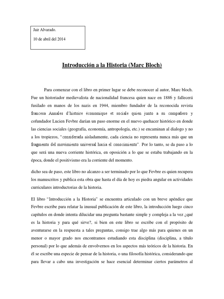 Introduccion A La Historia - Marc Bloch | PDF | Autor | Conocimiento