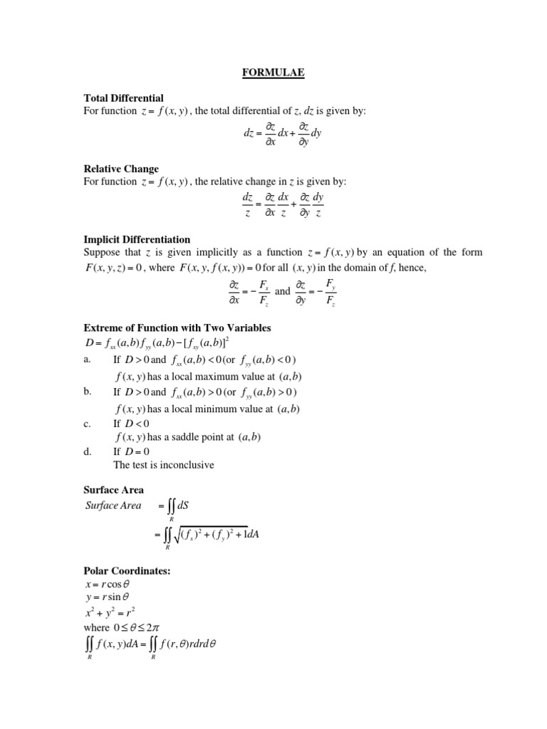 Multivariable Calculus Formulas | PDF | Science & Mathematics ...