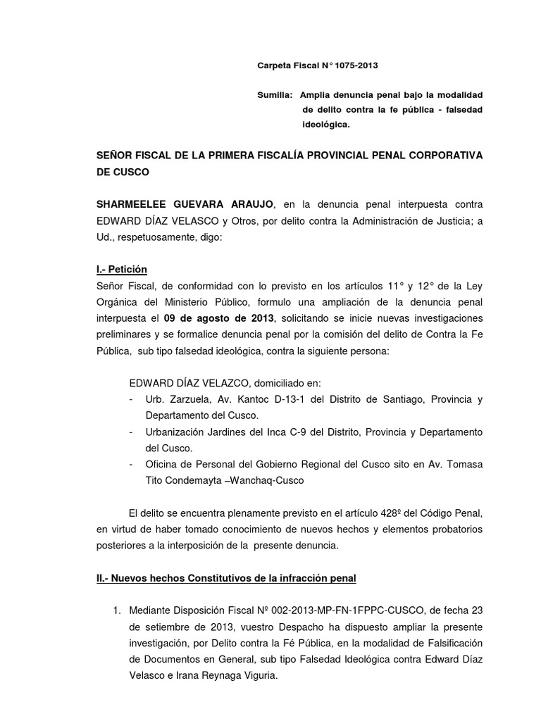 Ampliacion De Denuncia Penal Virtud Justicia Penal