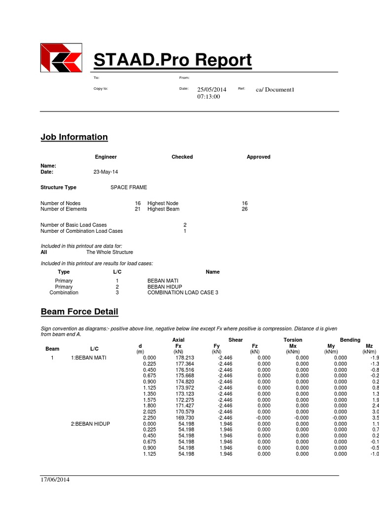 Staad Pro Report Job Information Pdf Beam Structure Mechanics