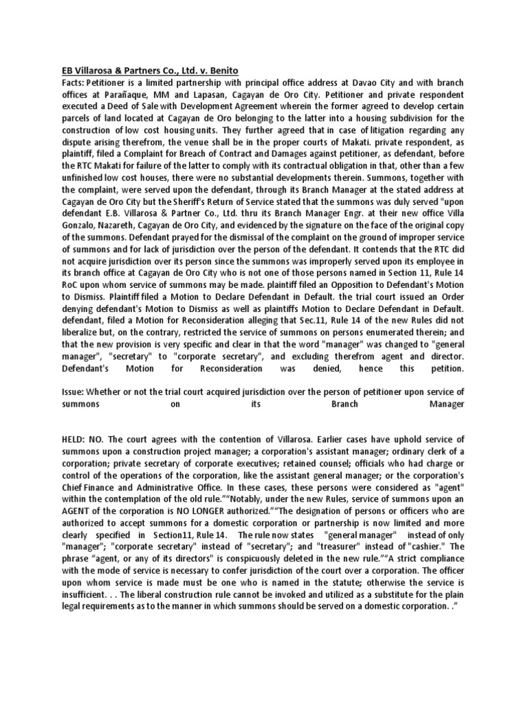 EB Villarosa & Partners Co., Ltd. v. Benito | PDF | Summons | Complaint
