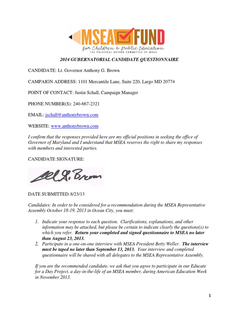 Brown Candidate Questionnaire | PDF