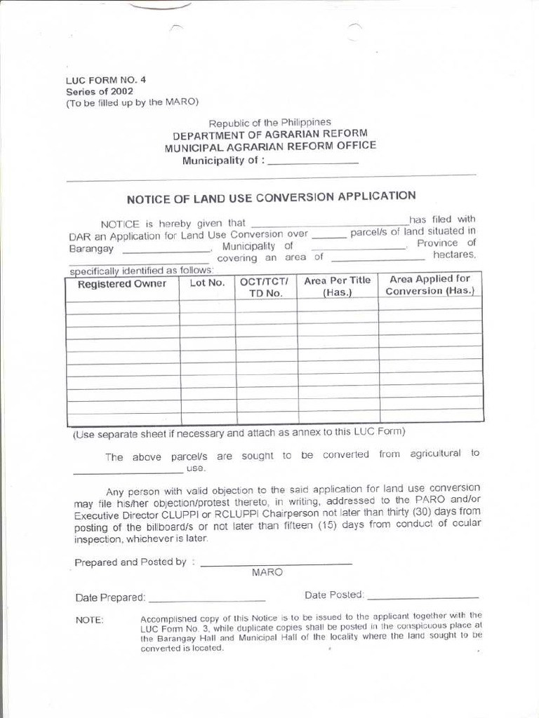 Notice of Land Use Conversion Application (LUC Form No. 4 To LUC Form K ...