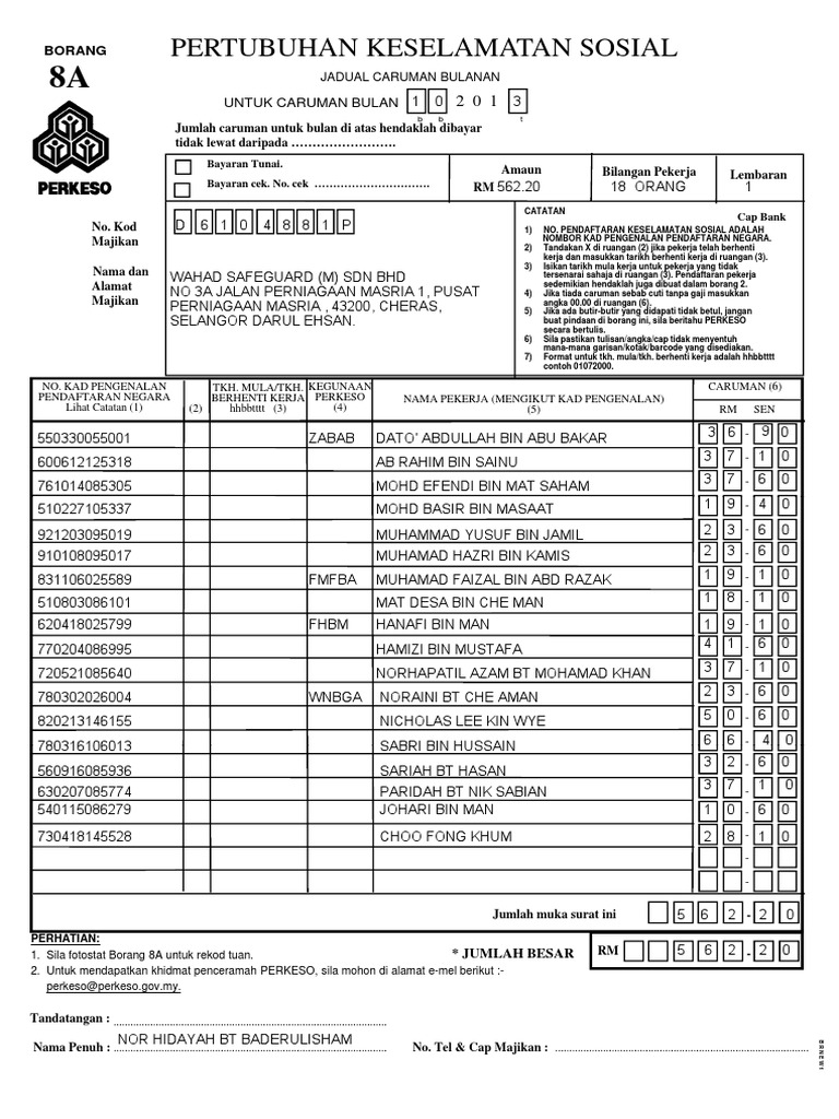 SOCSO Jadual Caruman Bulanan Borang 8A | PDF