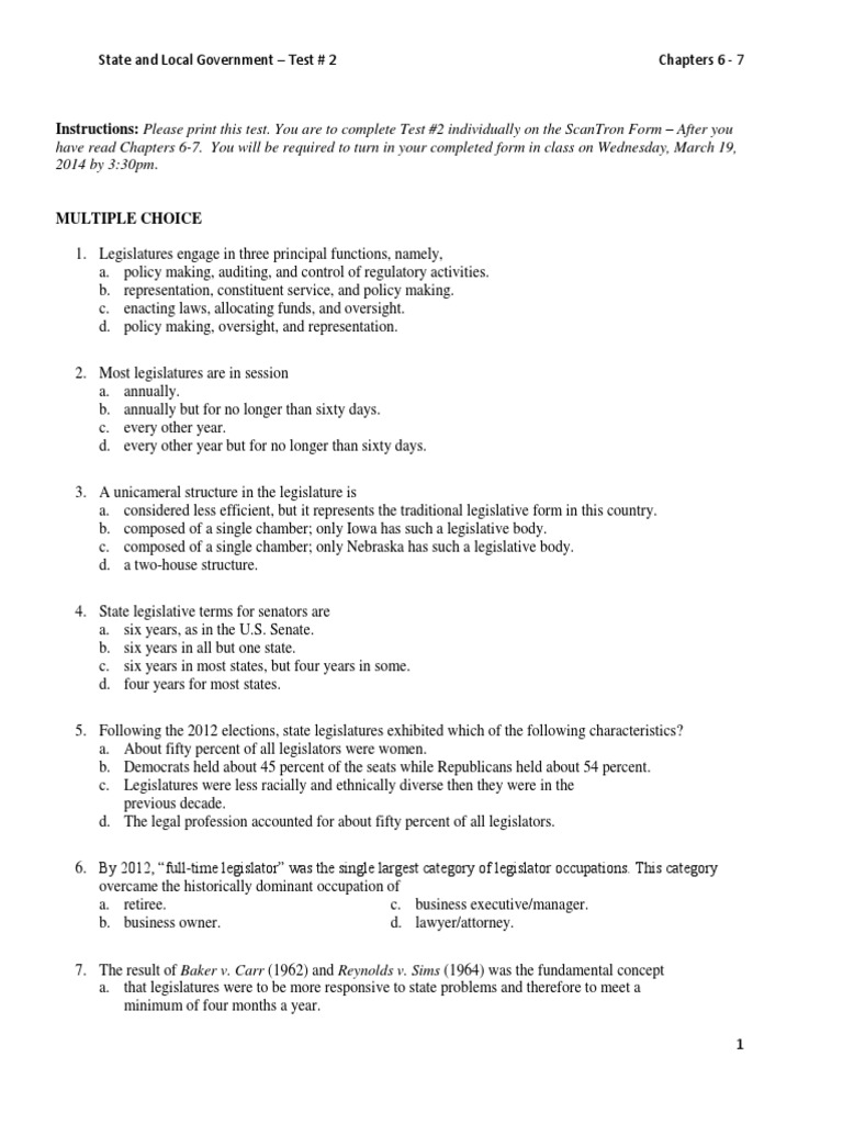 Chapter 6 and 7 State and Local Government Test Study Guide STD | PDF ...