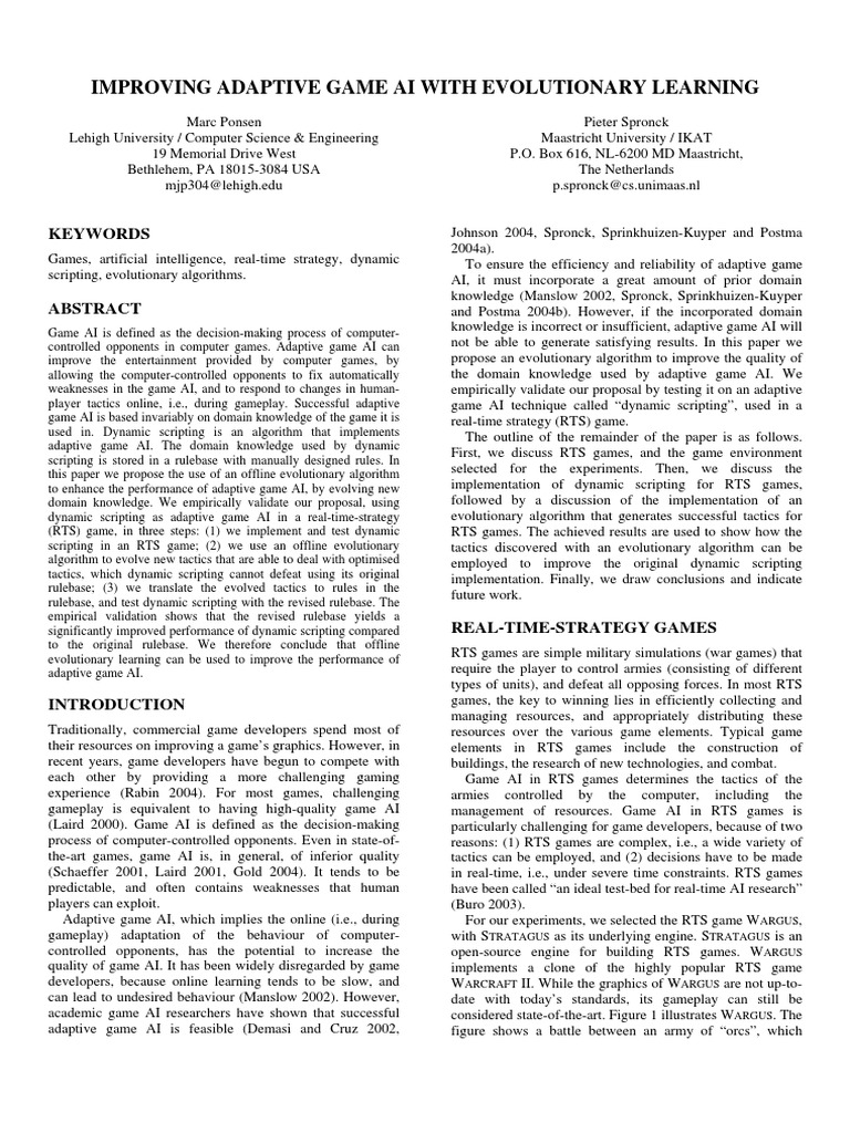 ImprovinImproving Adaptive Game AI With Evolutionary Learningg Adaptive Game AI With ...