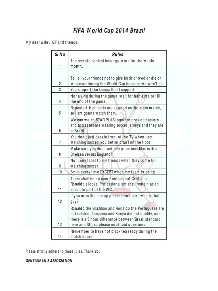 FIFA World Cup Viewing Rules | PDF | Sports & Recreation | Cooking ...