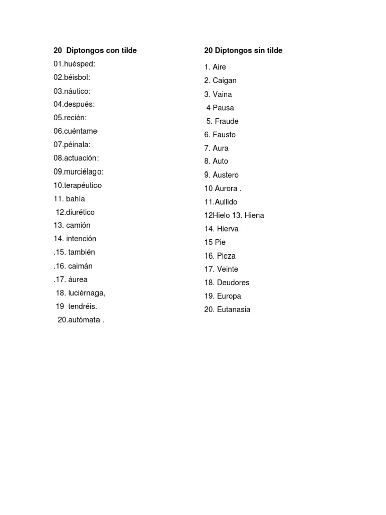 20 Diptongos Con Tilde