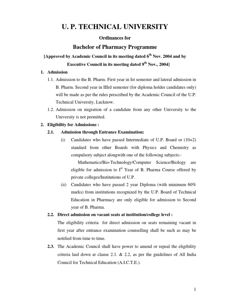 U. P. Technical University: Bachelor of Pharmacy Programme | PDF ...