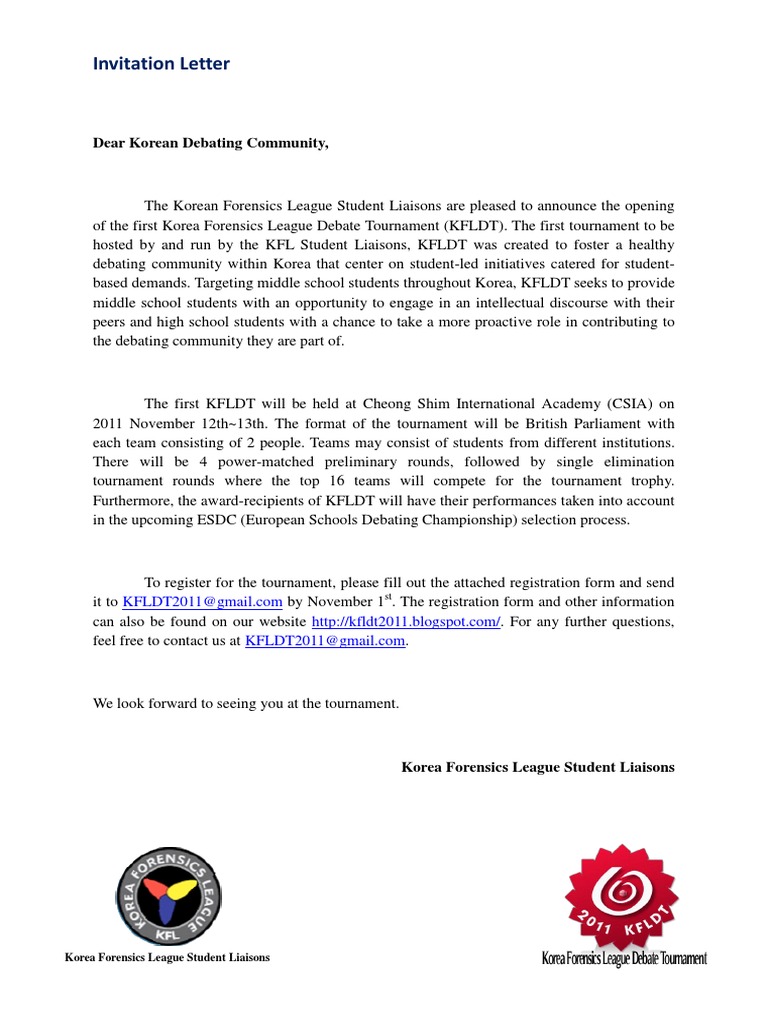Invitation Letter: Dear Korean Debating Community | PDF